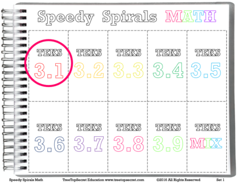 3rd Grade Math Set 1 SPEEDY SPIRALS TEKS 3.1 - TreeTopSecret Education